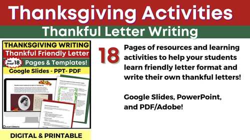 Thanksgiving GratitudeThankful Friendly Letter Template ELA Activities