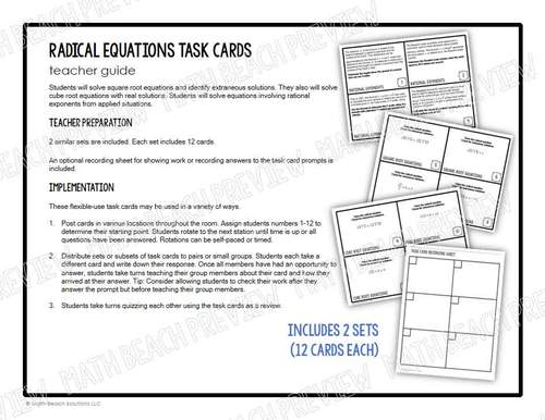 Radical Equations Task Cards Activity by Math Beach Solutions | TpT