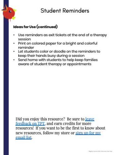 Speech Therapy & Appointment Reminder Cards for Therapy Appointments & More