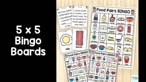 Food Bingo Game with Riddles or Inference Clues for Vocabulary & Language