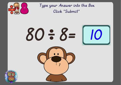 Division facts for 8 | Boom Cards | Division Facts Fluency by Funny Owl
