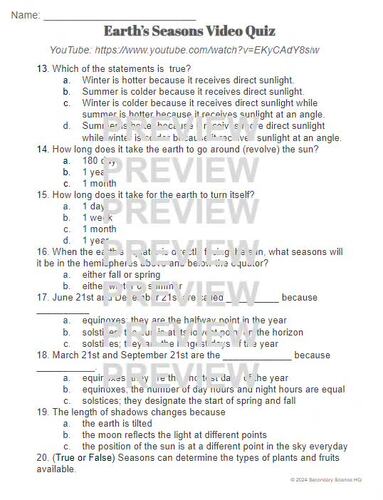 Earth's Seasons Video Quiz | JH Science | Sun-Earth-Moon System | TPT