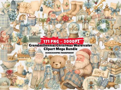 171 Grandmillennial Christmas Watercolor Clipart | Cozy Blue Holiday ...