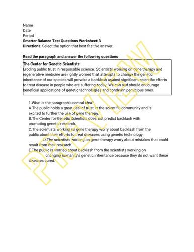 Smarter Balance Test Question Worksheet 3: Main Ideas, Inferences, and ...
