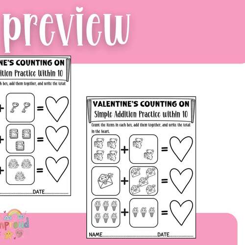 Valentine's Counting On Simple Addition Practice Within 10 worksheet ...