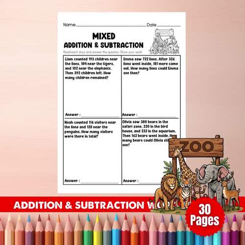 Zoo Mixed Addition and Subtraction Word Problems Grade 4 Worksheets ...
