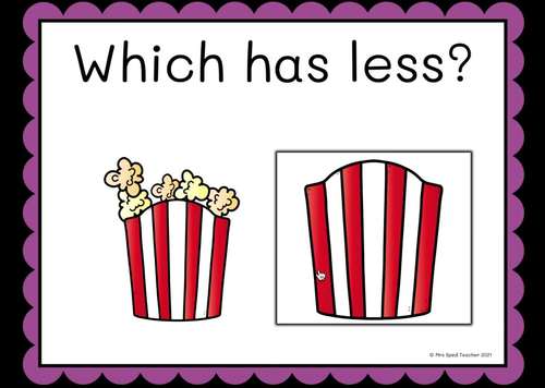 More or Less Within 10 | Understanding Quantity | Boom Cards™ | Popcorn