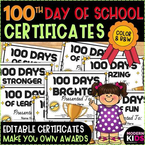 100th Day of School Certificate Editable Teacher Signature Classroom Awards
