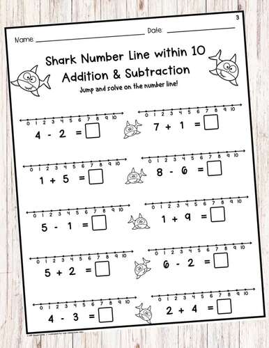 Shark Addition & Subtraction Using a Number Line Within 10 No Prep ...