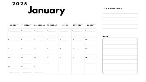 Calendrier mensuel 2025 avec notes, modèle de calendrier imprimable ...