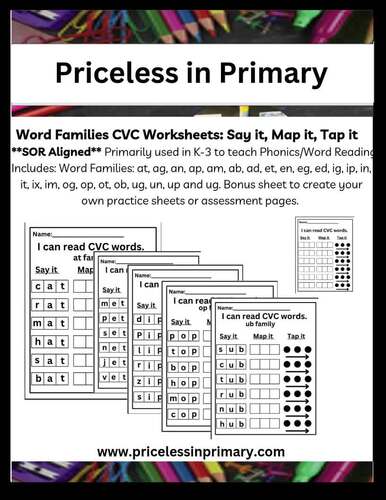 Word Families CVC Say it, Map it, Tap it Worksheets **SOR Aligned**