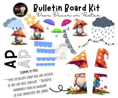 April May Bulletin Board Kit | Rainy Day Gnomes Spring Flowers | Editable