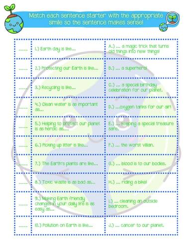 Earth Day Figurative Language Simile & Metaphor Match May Spring ELA