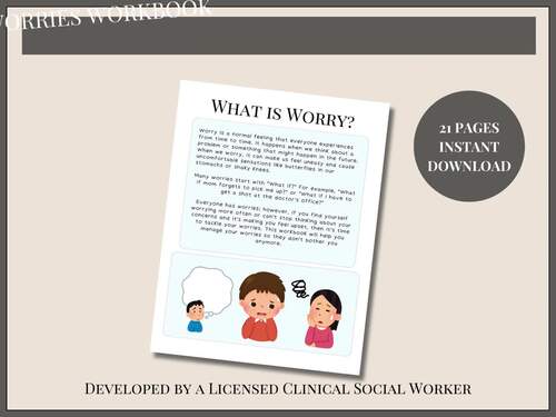 Worry anxiety workbook for kids, CBT worksheets, therapy office decor