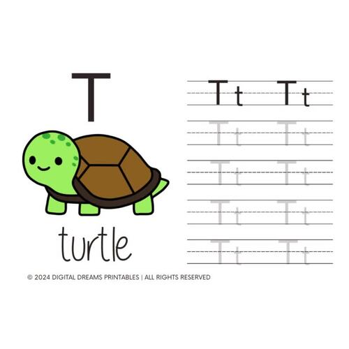 Tracing Alphabet Letters Practice T for Turtle Booklet Uppercase ...
