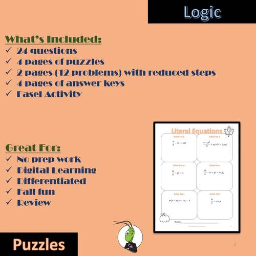 Fall Seasonal Literal Equations Solving Worksheet | Algebra 1 | TPT