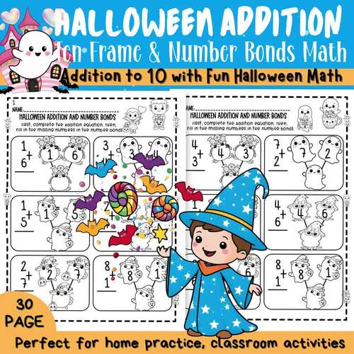 Halloween Addition Worksheets Using Ten Frames and Number Bonds | Fun Math