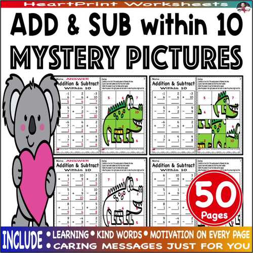 Addition & Subtraction within 10 with Regrouping Mystery Pictures ...