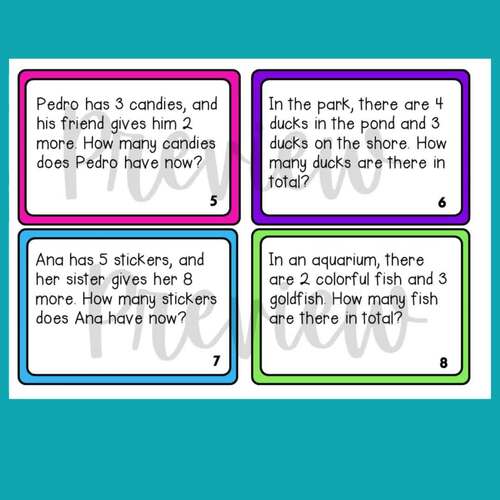 Addition One-Digit Word Problems Task Cards | Basic Addition Practice