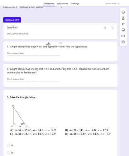 Solving Right Triangles with Trigonometry Google Forms Quiz - Editable