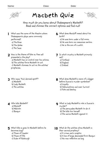 Shakespeare Macbeth Multiple Choice Quiz Worksheet by Worksheet Whisperer