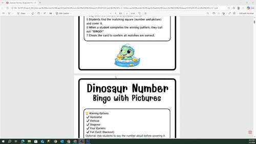 Dinosaur Number Bingo with Pictures 30 Unique 5x5 Cards | Pre-K–1 Math Game