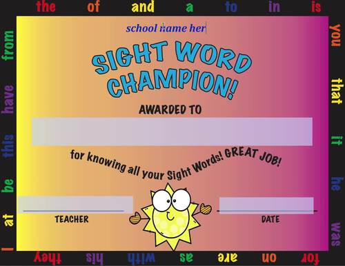 Distance Learning Certificate- Sight Word Champion! Editable PDF