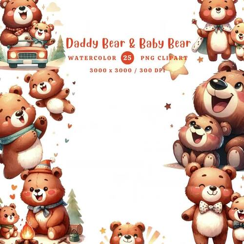 Daddy Bear & Baby Bear Watercolor Clipart PNG by Adorable Clipart