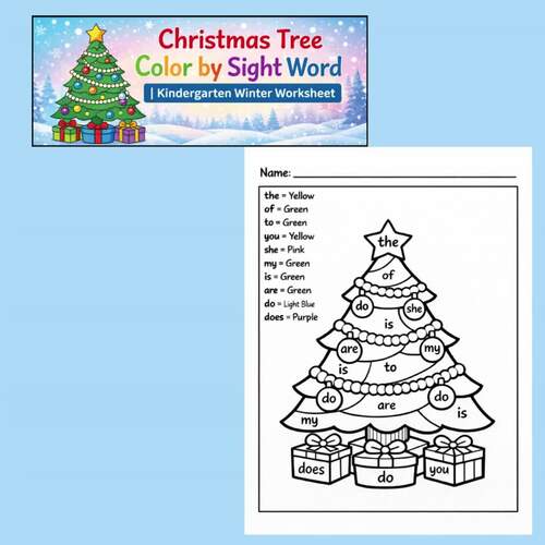 Christmas Tree Color by Sight Word | Kindergarten Winter Worksheet