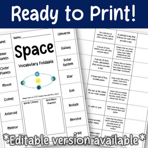 Space Vocabulary Science Study Foldable and Mini Flashcards | TPT
