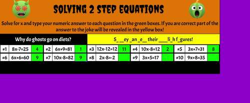 Halloween Math Solving 2 Step Equations Self-Checking Secret Joke Scramble