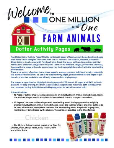 Dotter Activity Pages-Farm Animal Theme-Dot Art-Bingo Dotters-Dot Markers