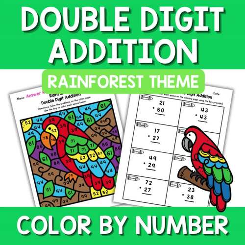 Double Digit Addition Color by Answer Rainforest Macaw Math Center Station