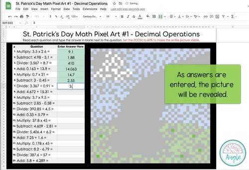 5th Grade Decimal Operations - St. Patrick's Day - Pixel Art - GOOGLE ...