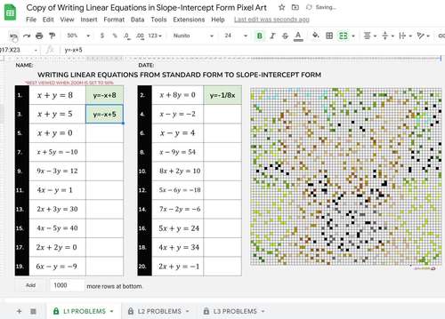 Digital Pixel Art Math Writing Linear Equations in Slope Intercept Form