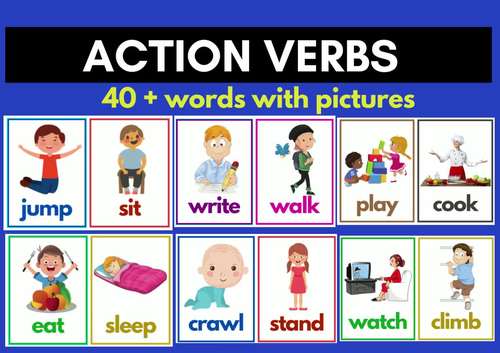 Action Verbs (40+ words with pictures) Flash cards | Bulletin Board