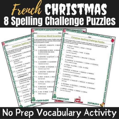 French Christmas Spelling Challenge 8 Puzzles | Noel en Francais Worksheets