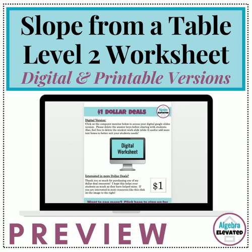 Finding Slope from a Table Worksheet Level 2 by Algebra Elevated