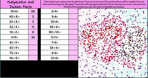 Valentines Math Pixel Art Multiplication & Division Facts Moving ...
