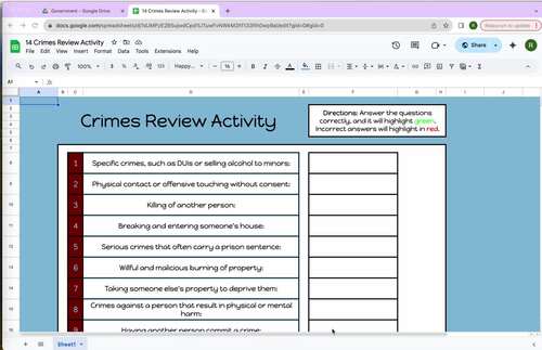 Crimes and Criminal Justice Interactive Google Sheets Digital Game Activity