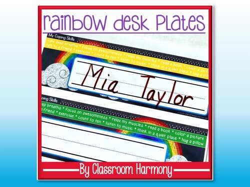Rainbow Chalkboard Themed Desk Plates and Name Cards by Classroom Harmony