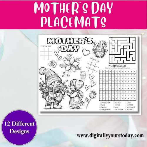 Mother's Day Activity Placemats for kids of all ages: 12 Different Designs