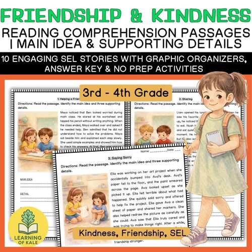 Friendship & Kindness Reading Comprehension Passages Main Idea & Supporting