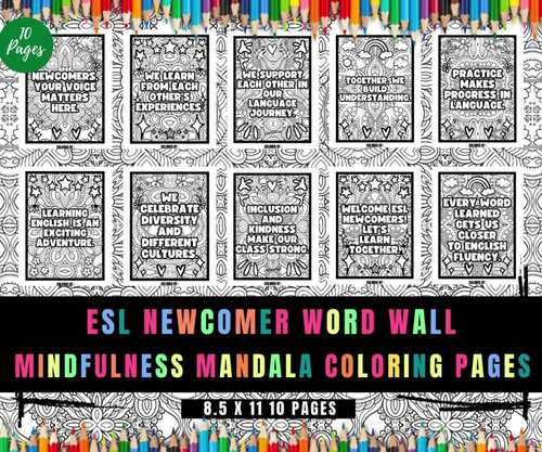 ESL Newcomer Activities Word Wall Sayings, Relaxing Craft Coloring Sheets