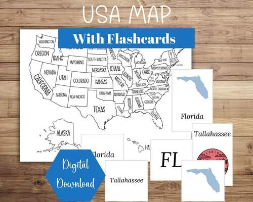 USA Map with Flashcards | Printable | Instant Download | PDF | TPT