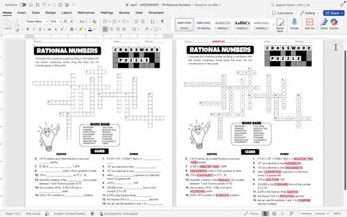 7th Grade Math Fun Worksheet Crossword Puzzle Rational Numbers Review ...