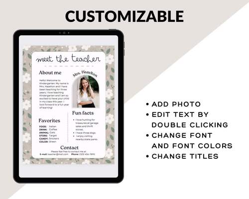Printable Meet the Teacher | Student Teacher Floral Editable Template