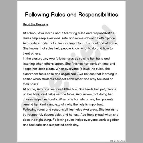 Following Rules & Responsibilities Reading Comprehension | 2nd–3rd ...