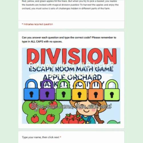 Division Escape Room Math Game | Apple Orchard Baskets Activity | 3rd Grade
