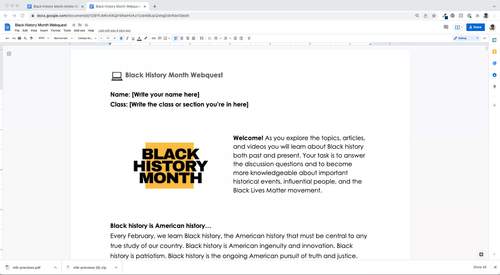 Black History Month Internet Webquest Activity Google Doc Packets ...